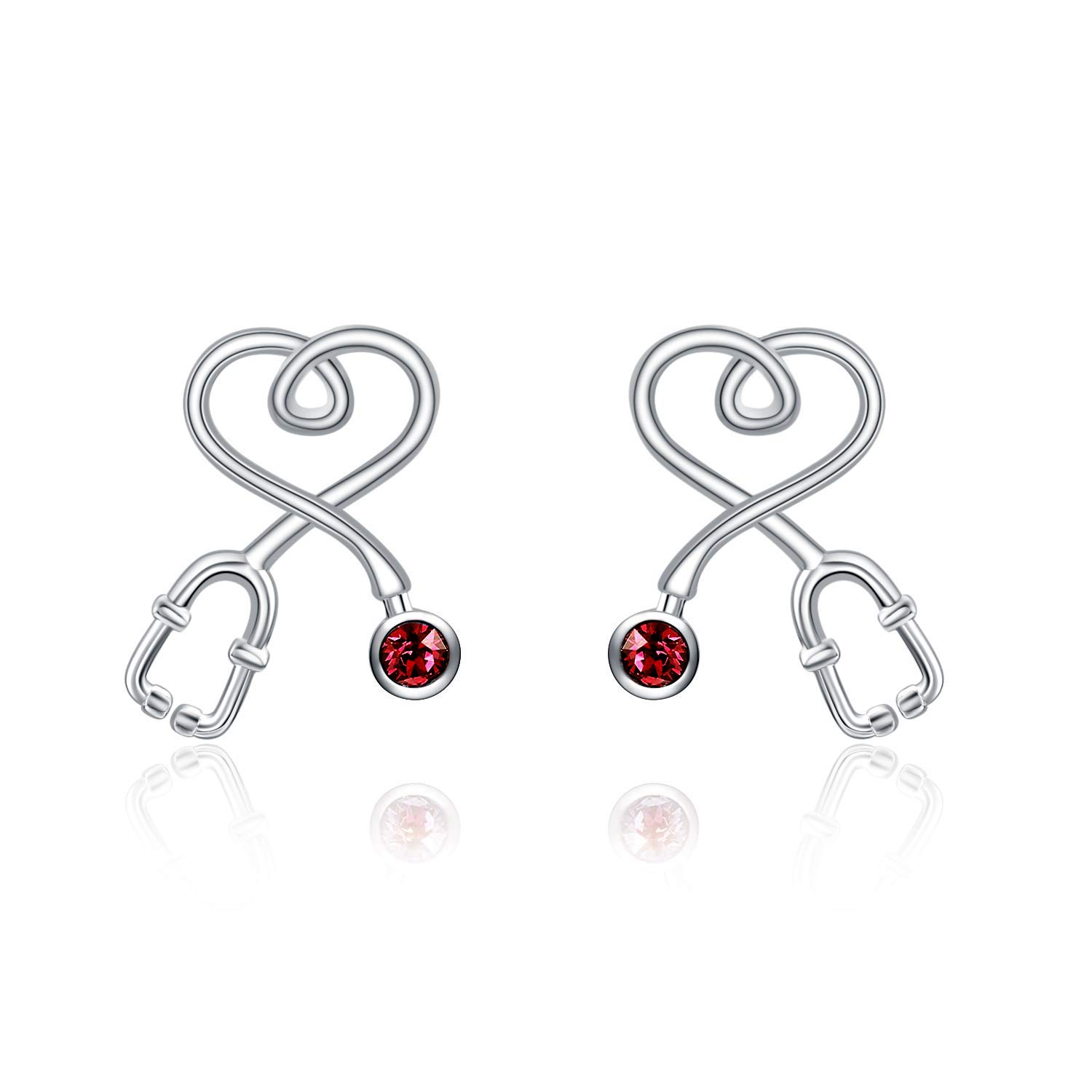Stethoscope Earrings 925 Sterling Silver Heart Studs Earrings 12 Months Birthstone Crystals from Austria, Graduation Jewelry Gifts for Nurse Doctor RN Medical Student