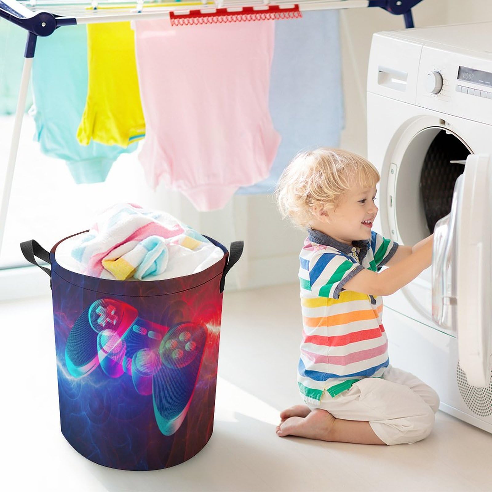 Boys Gamepad Waterproof Oxford Cloth Laundry Basket Abstract Gaming Controller Gamer Video Pattern for Blanket Toys Dirty Clothes in Living Room Bathroom Bedroom One Size