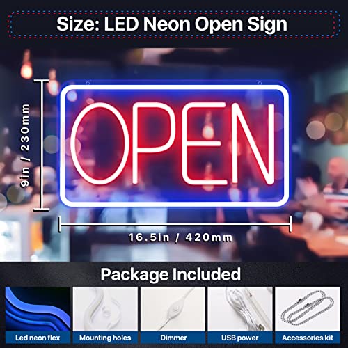 Sugarneon LED Neon Open Sign, 16.5"x 9" Open Sign for Business, Powered by USB with ON/OFF Switch, Adjustable Brightness Neon Lights for Party Bar Salon Stores Hotel Wall Decor Neon Light Sign(Blue/Red-Horizontal)
