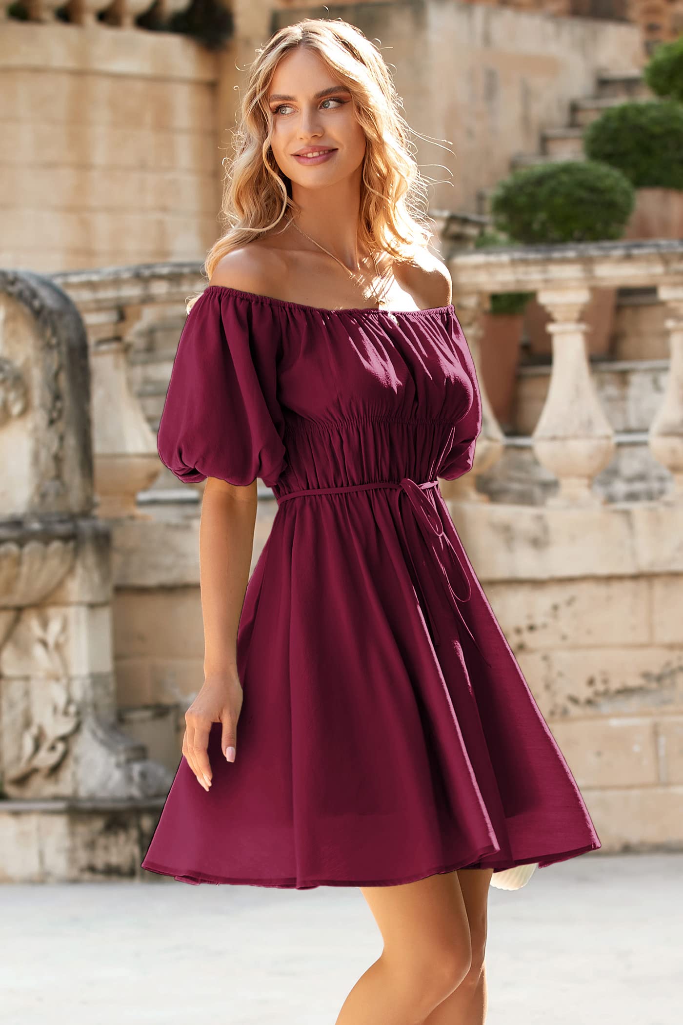 PRETTYGARDEN Women's Off The Shoulder Babydoll Dress Short Puff Sleeve Casual A Line Ruffle Summer Dresses (Solid Wine Red,Large)