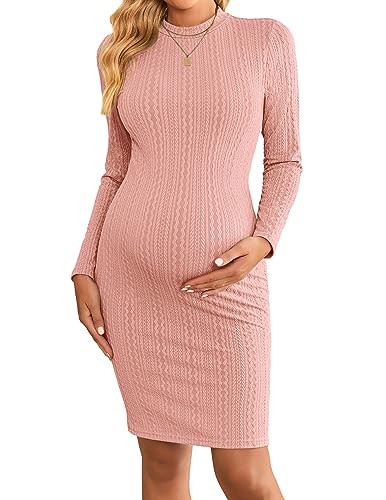 Ekouaer Maternity Dress Rib Knit Mock Turtleneck Long Sleeve Stretchy Bodycon Pregnancy Dresses Pink S