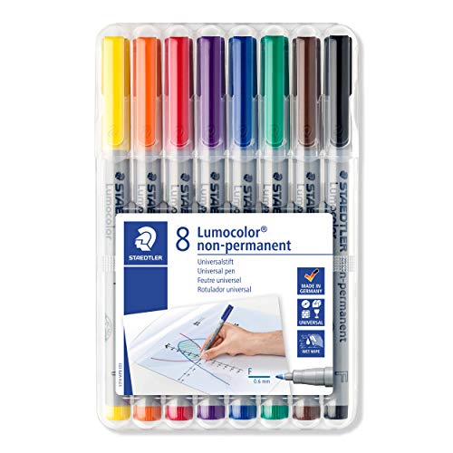 STAEDTLER Lumograph Non-Permanent Wet Erase Marker Pens, Fine Tip Refillable Colored Markers, 8 Pack, 315 WP8