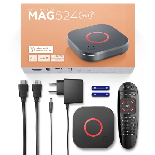 Raxxio Set-top Box Compatible with MAG524w3 Linux 4.9, Amlogic S905X2, 4K 60fps, 1 GB DDR3 RAM, 4 GB Flash Memory, Dual-Band 2.4G/5G 2T2R ac WiFi, USB 2.0 and 3.0 with HDMI Cable and Remote Control