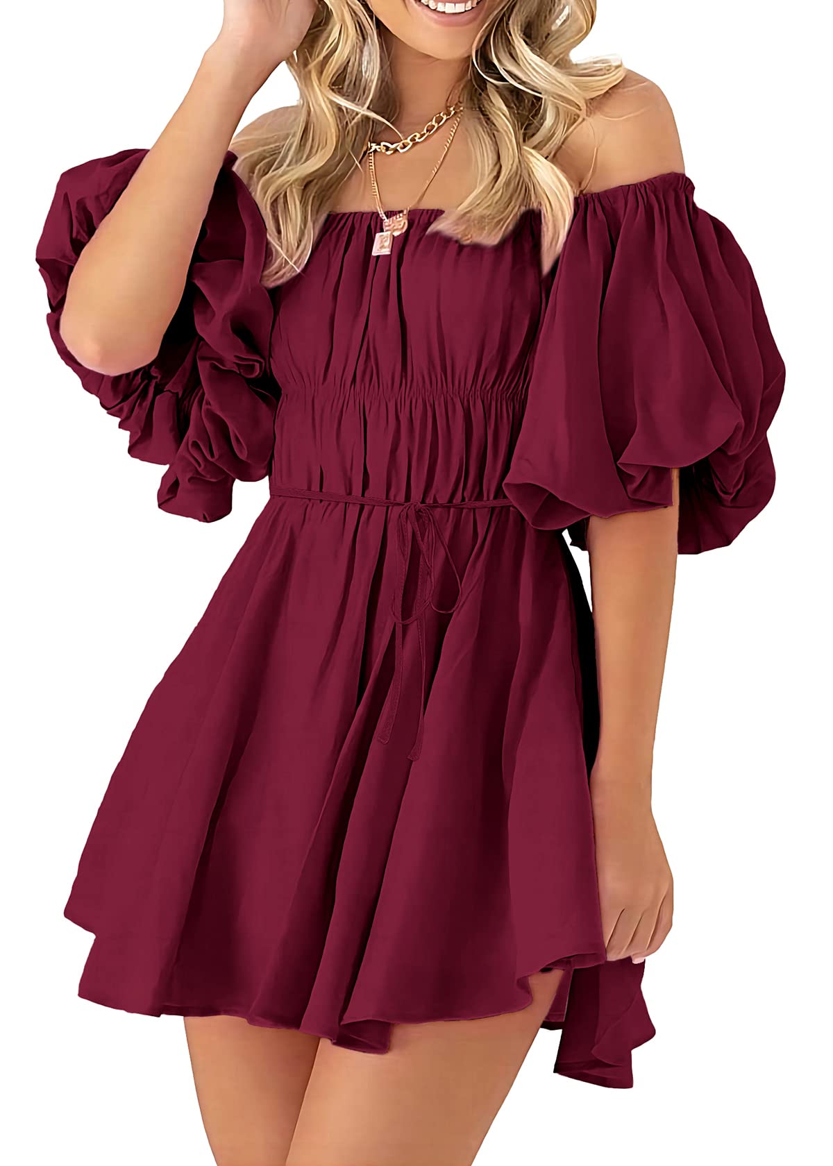 PRETTYGARDEN Women's Off The Shoulder Babydoll Dress Short Puff Sleeve Casual A Line Ruffle Summer Dresses (Solid Wine Red,Large)