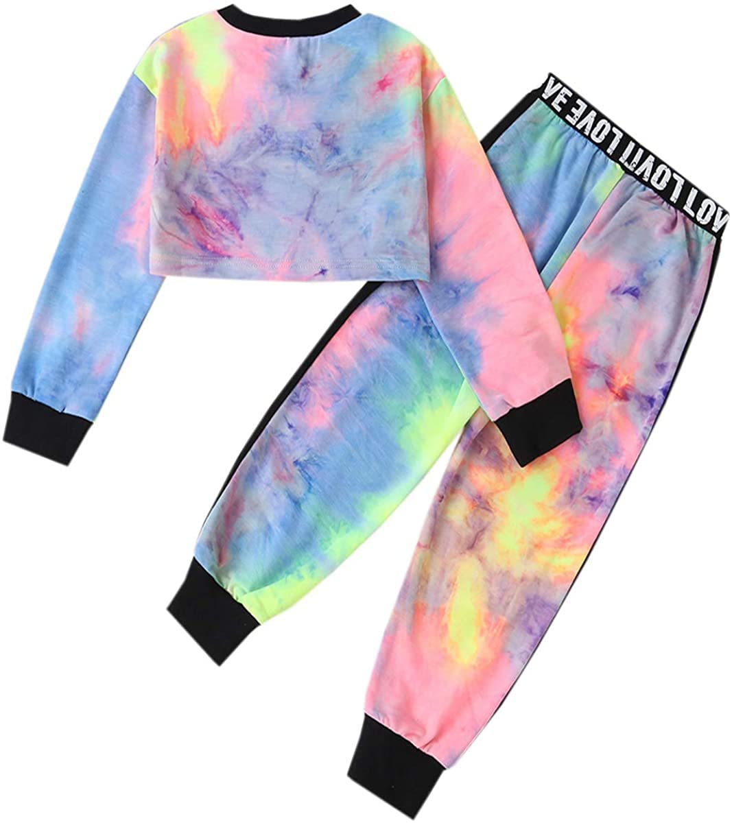Girls Cropped Sweatsuit Pants Outfit Set, Tie-Dye Pullover Crop Sweatshirt + Sweat Jogging Pants 2 Pieces Clothes Set, Multicolored, 11-12 Years