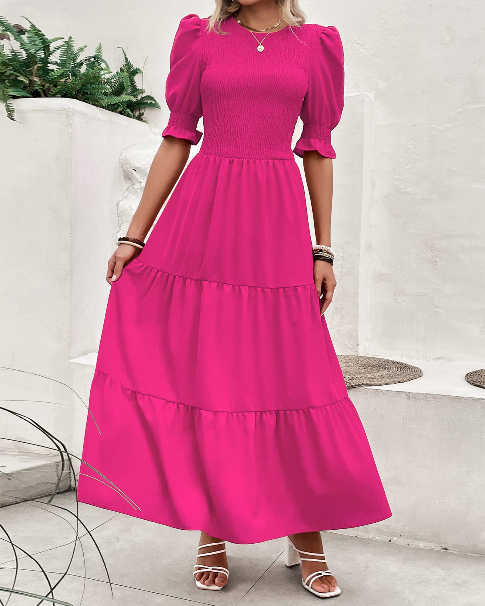 BTFBM Women Casual Summer Dresses 2024 Spring Crew Neck Ruffle Short Sleeve Floral Print Smocked Boho Flowy Maxi Dress(Solid Rose Red, Small)