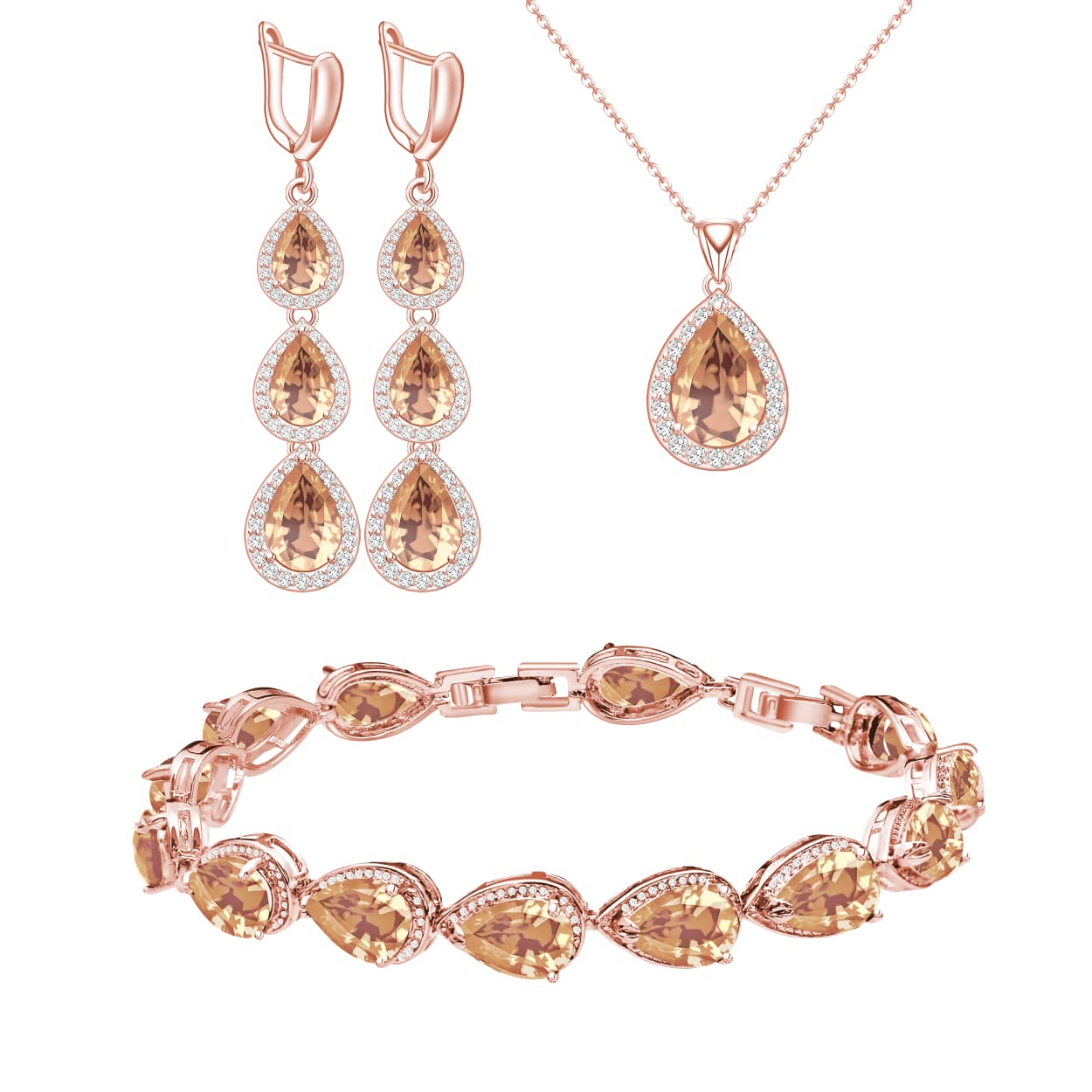 LMXXVJ Rose Gold Plated Necklace Long Earrings Bracelet Jewelry Set,Teardrop Champagne Cubic Zirconia Women's Jewelry Sets Prom Wedding Birthday/Anniversary Mother’s Day Jewelry Gifts