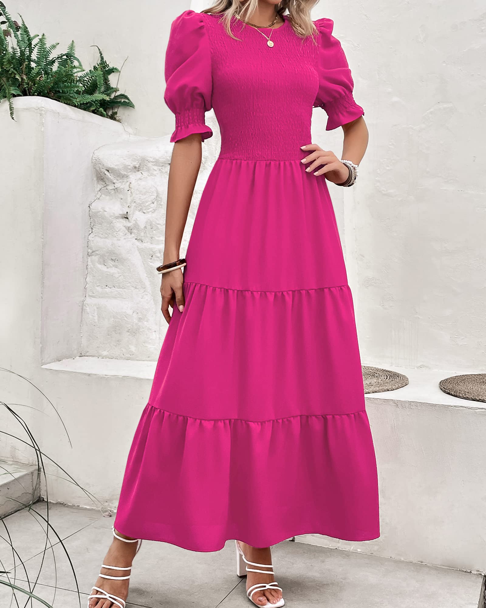 BTFBM Women Casual Summer Dresses 2024 Spring Crew Neck Ruffle Short Sleeve Floral Print Smocked Boho Flowy Maxi Dress(Solid Rose Red, Small)