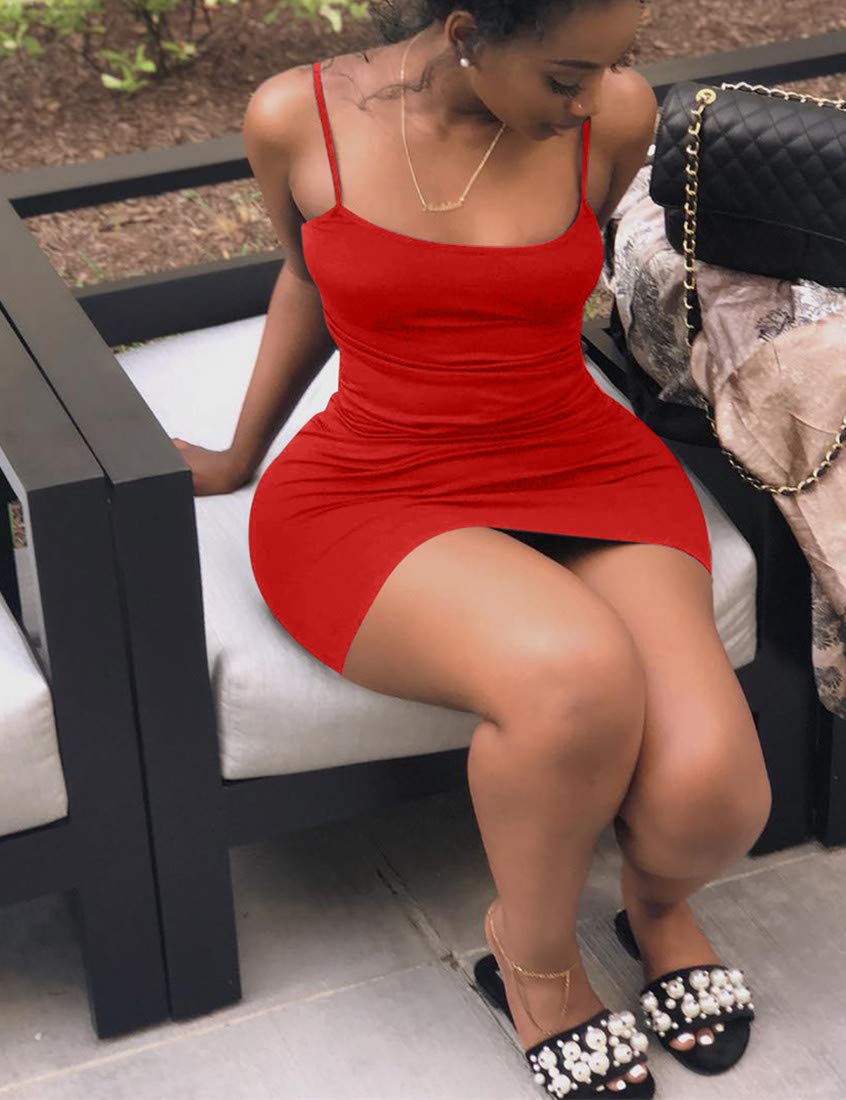Mizoci Women's Sexy Sleeveless Spaghetti Strap Tank Bodycon Tight Mini Club Party Dress,X-Small,Red