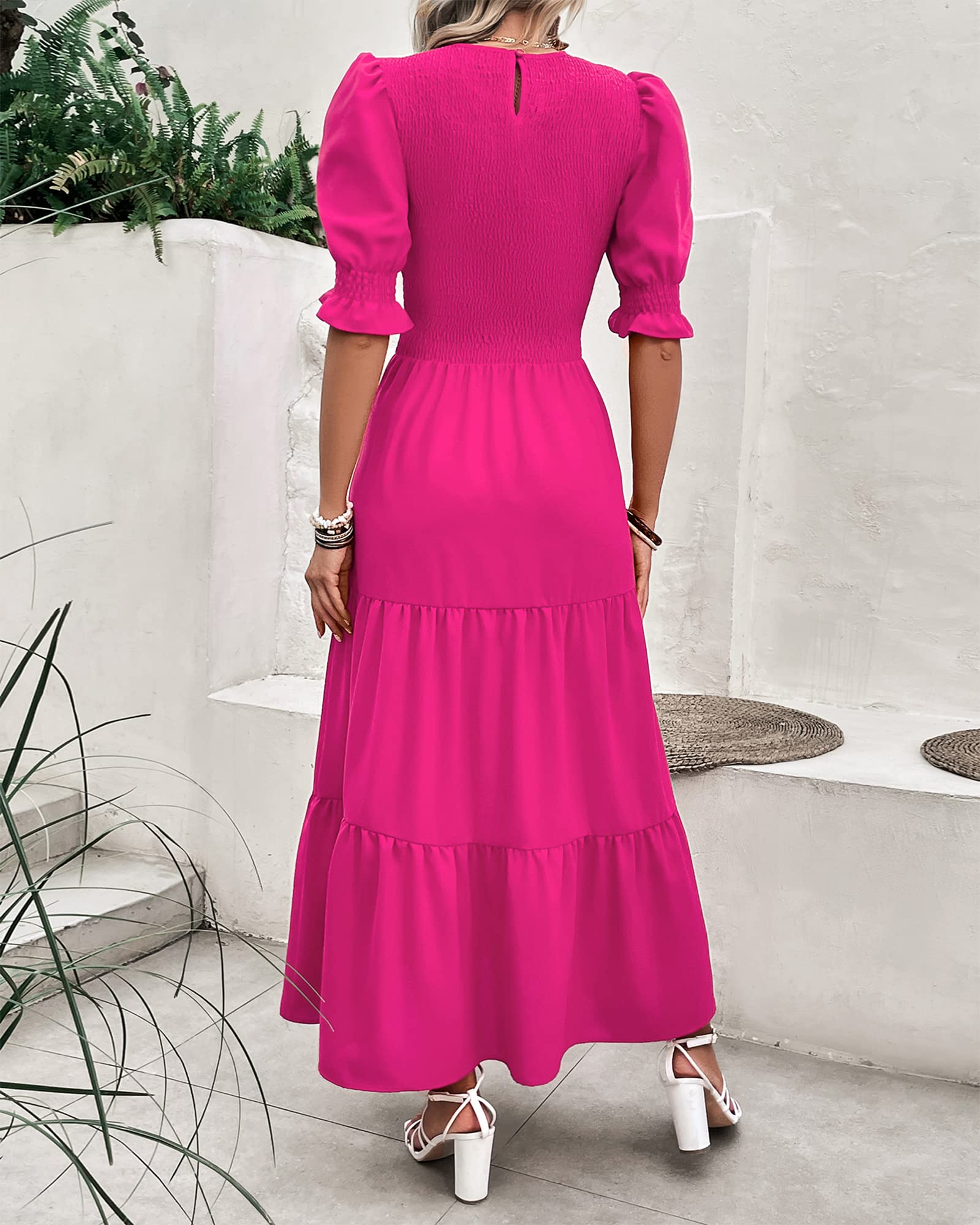 BTFBM Women Casual Summer Dresses 2024 Spring Crew Neck Ruffle Short Sleeve Floral Print Smocked Boho Flowy Maxi Dress(Solid Rose Red, Small)