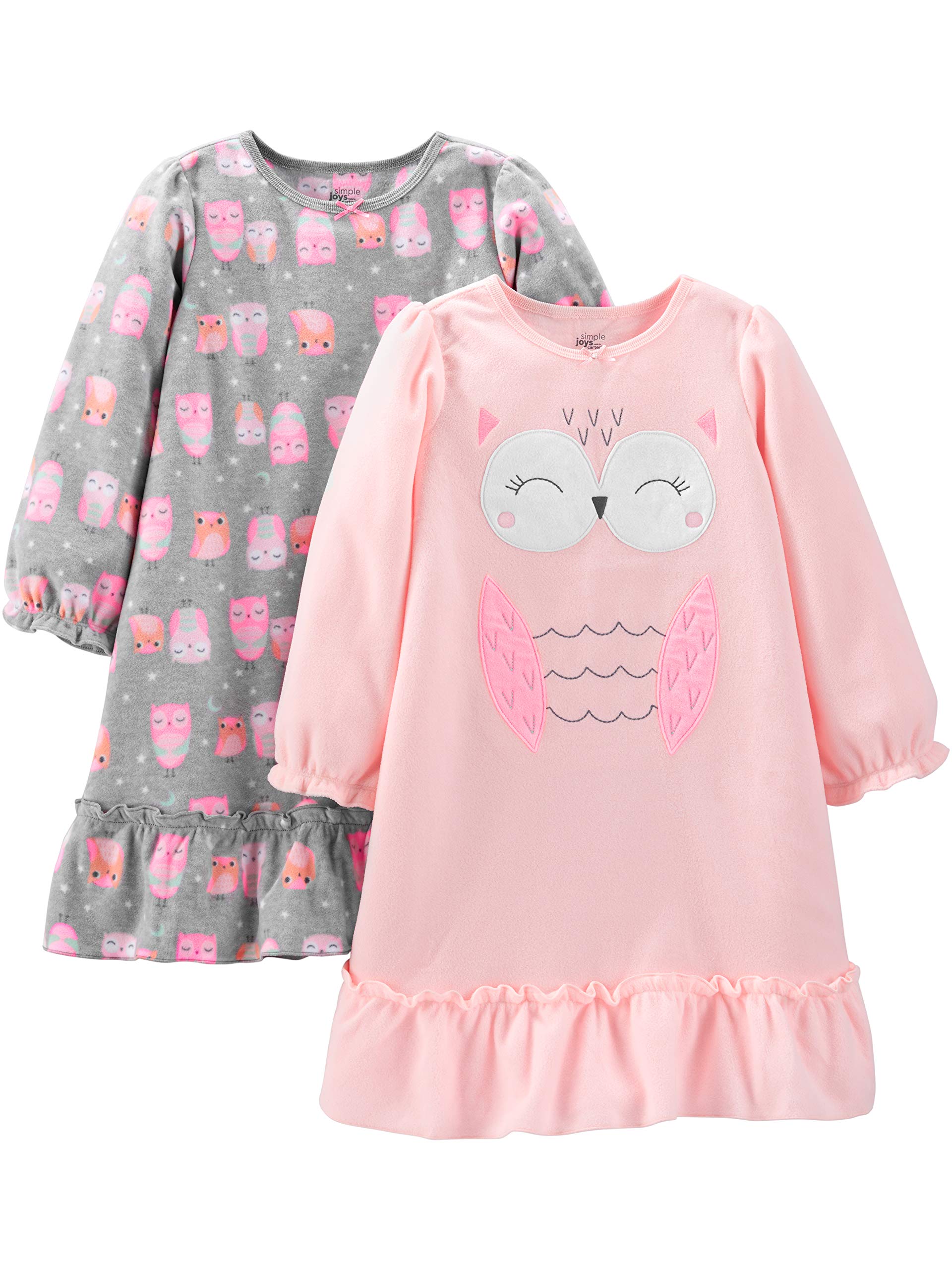 Simple Joys by Carter's Girls' Fleece Nightgowns, Pack of 2, Grey/Pink Owl, 4-5