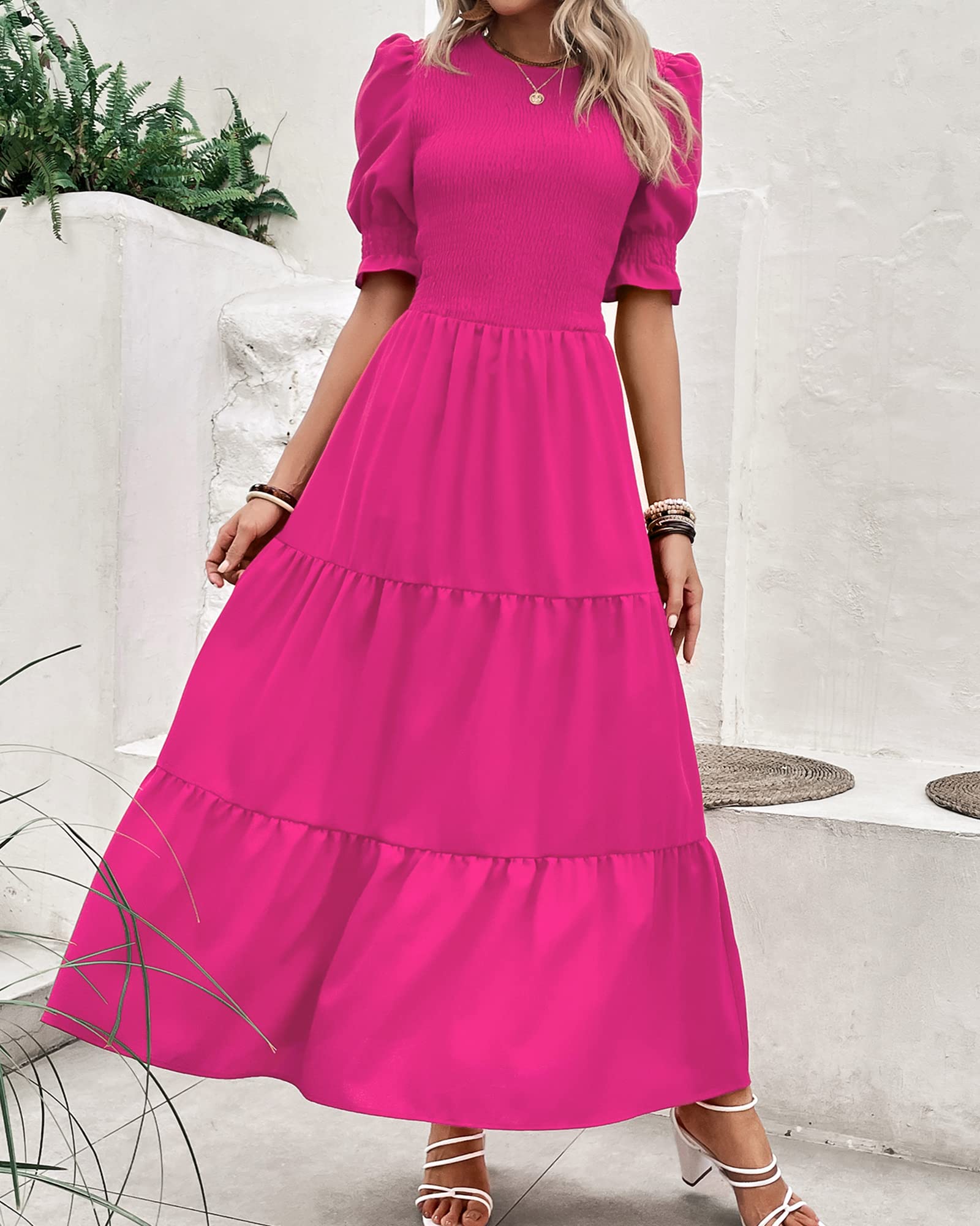BTFBM Women Casual Summer Dresses 2024 Spring Crew Neck Ruffle Short Sleeve Floral Print Smocked Boho Flowy Maxi Dress(Solid Rose Red, Small)