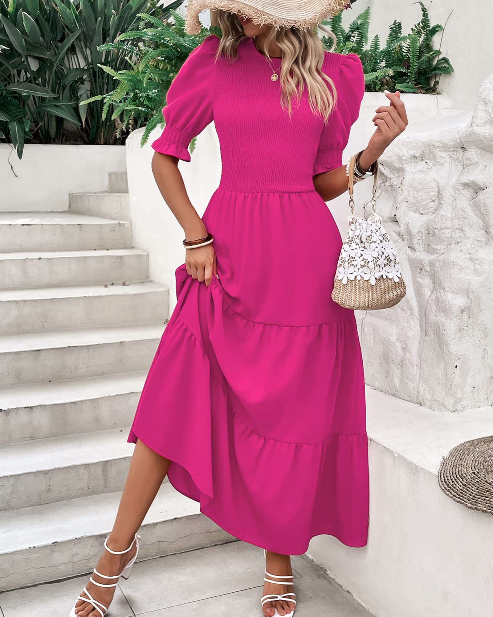 BTFBM Women Casual Summer Dresses 2024 Spring Crew Neck Ruffle Short Sleeve Floral Print Smocked Boho Flowy Maxi Dress(Solid Rose Red, Small)