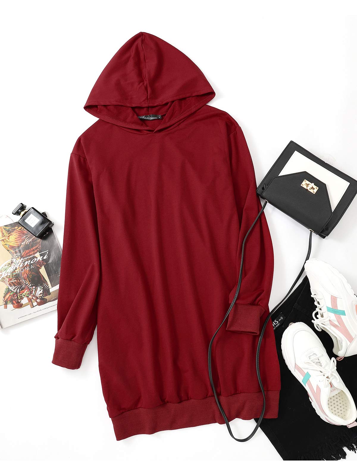 Auxo Women's Long Sleeve Hooded Pockets Pullover Hoodie Dress Tunic Sweatshirt Wine Red 2XL
