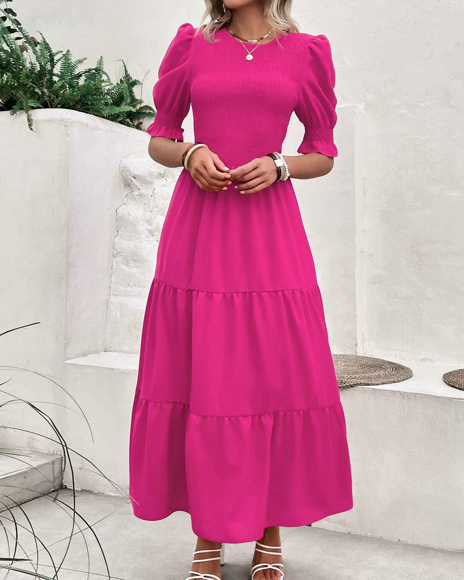 BTFBM Women Casual Summer Dresses 2024 Spring Crew Neck Ruffle Short Sleeve Floral Print Smocked Boho Flowy Maxi Dress(Solid Rose Red, Small)