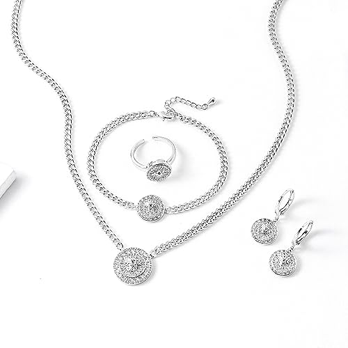 GXGLMP CZ Jewelry Set for Women Gold Plated Round Pendant Cuban Link Chain Necklace Bracelet Hoop Earring Open Ring Set(sliver)