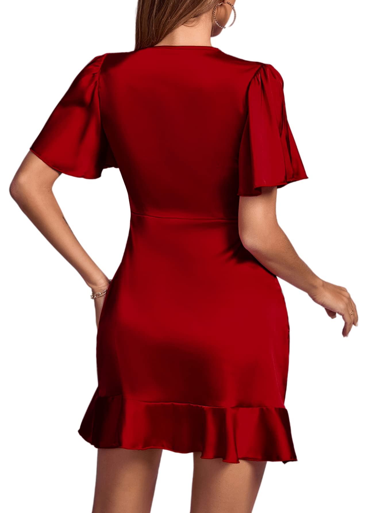 LYANER Women's Satin Wrap Front Ruffle Hem Short Sleeve Crewneck A Line Mini Short Dress Wine Red Medium