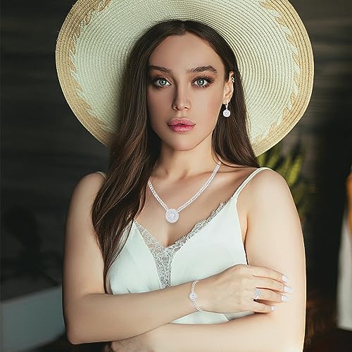 GXGLMP CZ Jewelry Set for Women Gold Plated Round Pendant Cuban Link Chain Necklace Bracelet Hoop Earring Open Ring Set(sliver)