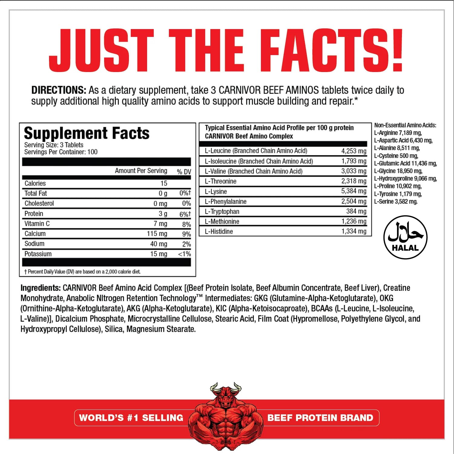 MuscleMeds Carnivor Beef Aminos, Beef Protein Isolate, Beef Liver, Beef Albumin, Creatine, BCAAs for Recovery and Muscle Growth, 300 Tablets