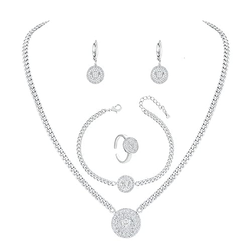 GXGLMP CZ Jewelry Set for Women Gold Plated Round Pendant Cuban Link Chain Necklace Bracelet Hoop Earring Open Ring Set(sliver)