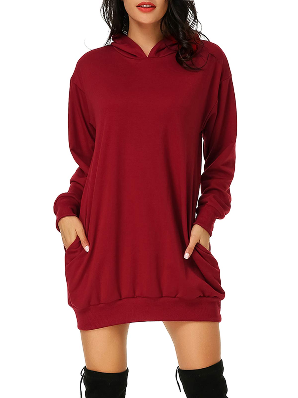 Auxo Women's Long Sleeve Hooded Pockets Pullover Hoodie Dress Tunic Sweatshirt Wine Red 2XL
