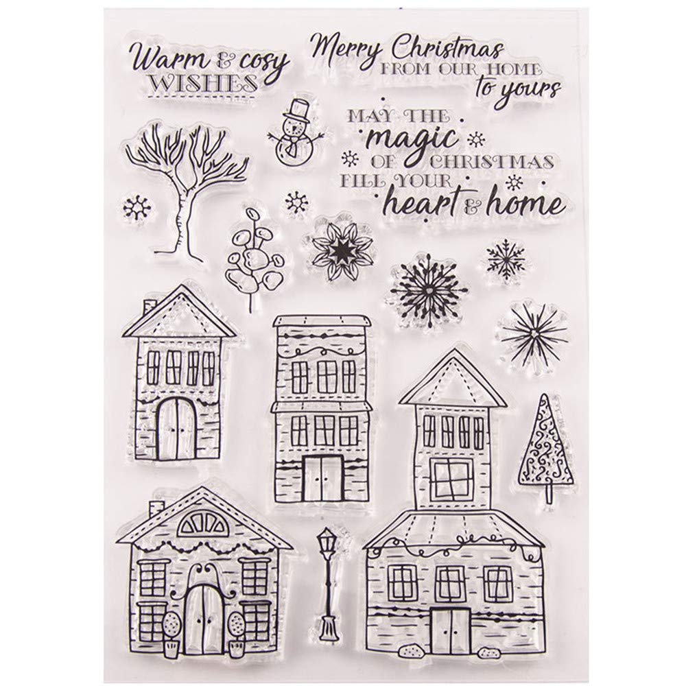 arriettycraft Merry Christmas House Clear Stamps for Card Making or Journaling, Snowflakes Trees Christmas Greetings Rubber Stamps for Journals Scrapbooking Album Decoration