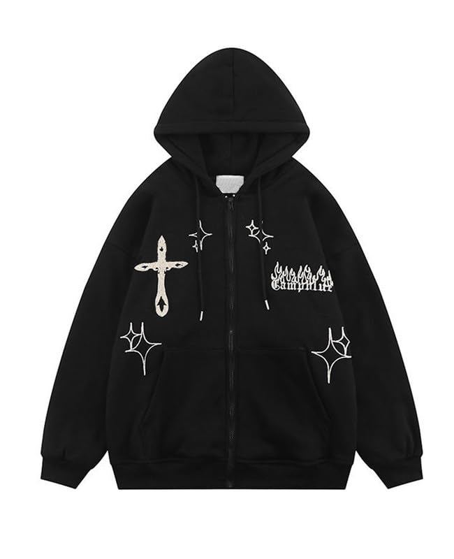 Gnoved Y2K Hoodie Thick Women Men Cross Aesthetic ZIp Up Sweatshirt Long Sleeve Jacket Fashion Streetwear Clothes.(Black1-L)