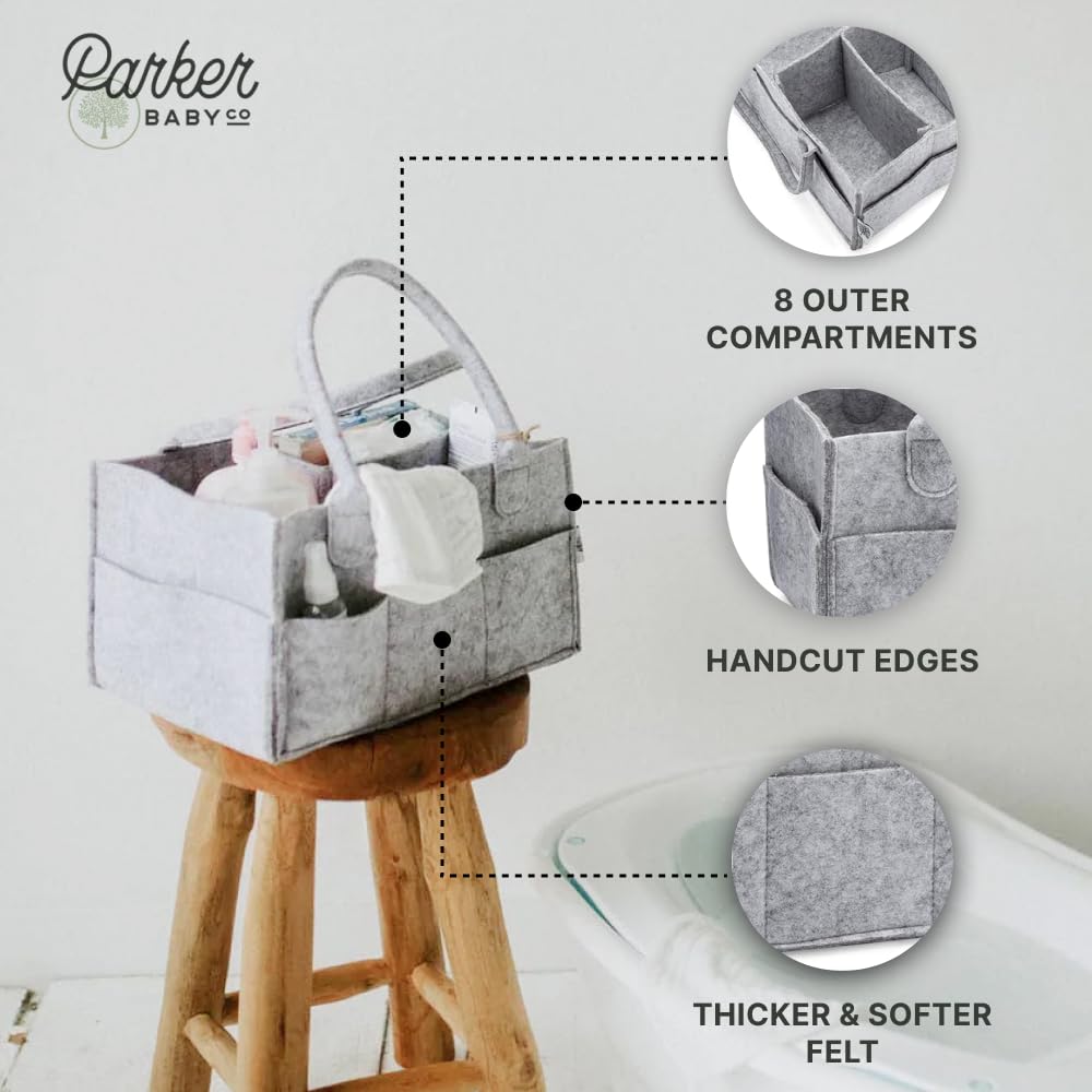 Parker Baby Diaper Caddy - Nursery Storage Bin and Car Organizer for Diapers and Baby Wipes - Grey