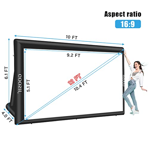 GOOSH Inflatable Projector Screen, Inflatable Movie Screen Outdoor with 350W Air Blower and Storage Bag, Easy Set up, 12FT Front and Rear Projection for Backyard Movie Night Theme Parties