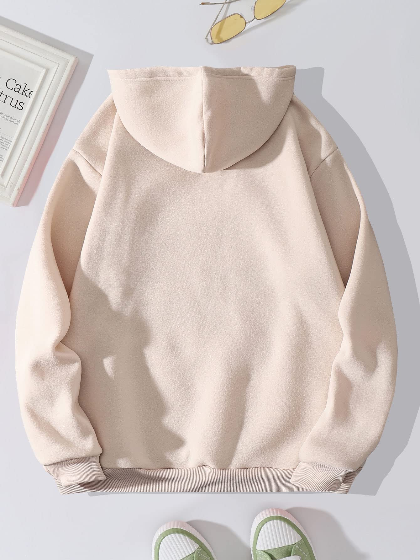GORGLITTER Women's Graphic Letter Print Preppy Hoodies Long Sleeve Drop Shoulder Drawstring Pullover Sweatshirt Khaki Small