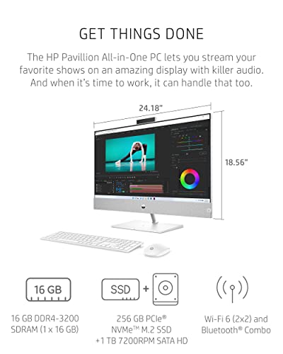 HP Pavilion 27” All-in-One Desktop, AMD Ryzen 7 5700U, 16 GB RAM, 256 GB SSD & 1 TB Hard Drive, Full HD Touchscreen, Windows 11 Home, 5 USB Ports, 5MP Pop-up Camera, Keyboard & Mouse (27-ca0070, 2021)