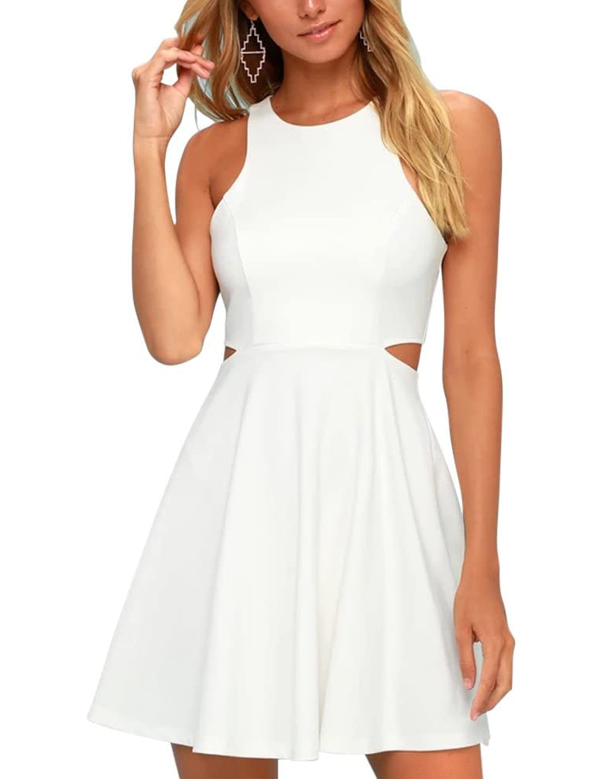 BELONGSCI Women 2025 Sweet and Cute Sleeveless Racerback Flared Swing A-Line Waist Hollow Out Summer Short Dress White