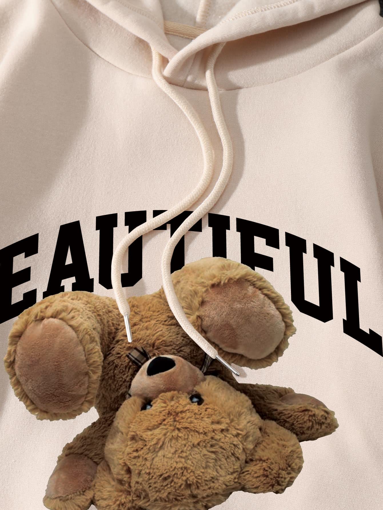 GORGLITTER Women's Graphic Letter Print Preppy Hoodies Long Sleeve Drop Shoulder Drawstring Pullover Sweatshirt Khaki Small
