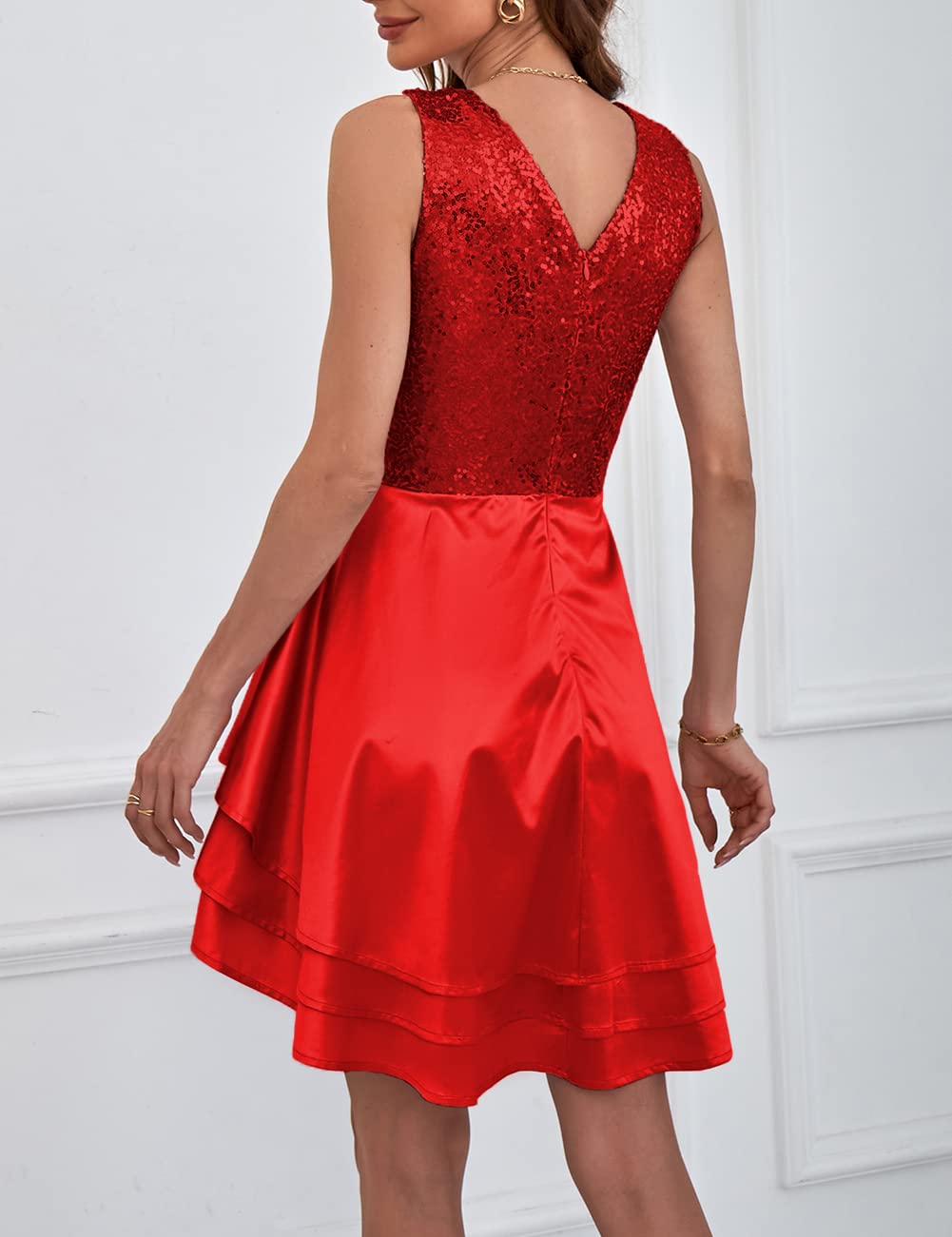 Lrady Women's Sequin Glitter V Neck Skater Mini Club Cocktail Party Swing Dress, Red, Medium