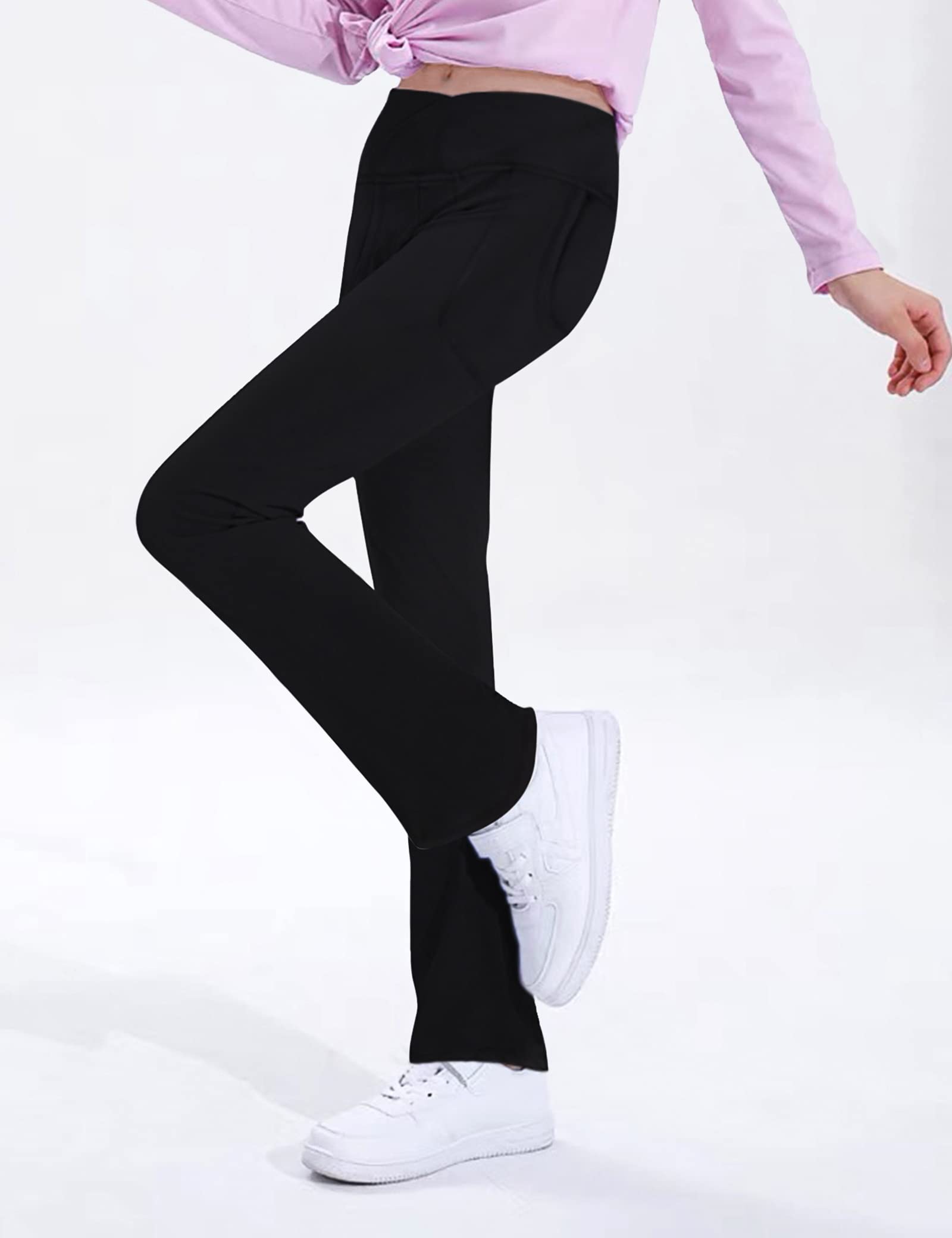 Girls Bootcut Yoga Pants with Pockets Size 8 Years Old Black Stretch V Cross Flare Leggings for Kids Running