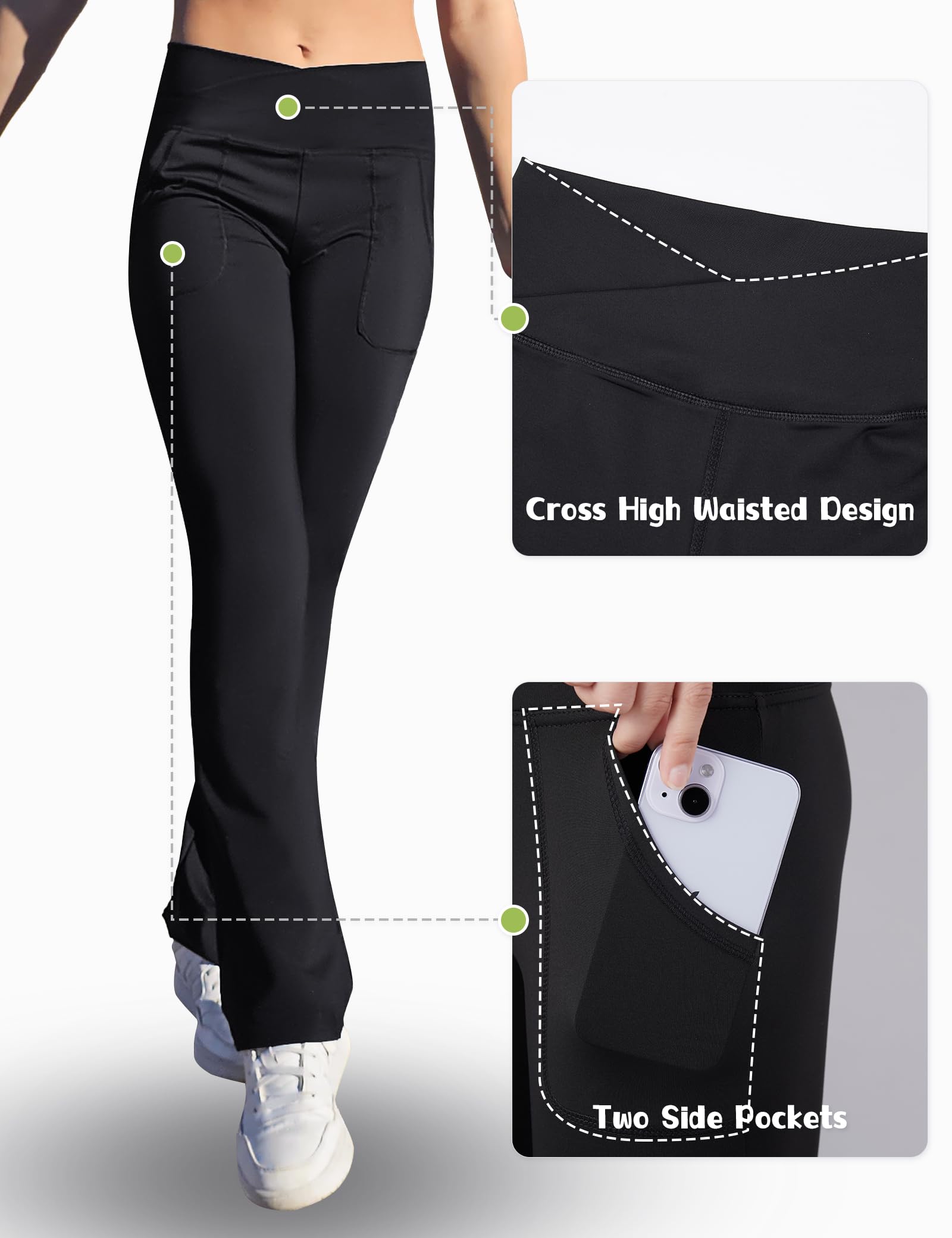 Girls Bootcut Yoga Pants with Pockets Size 8 Years Old Black Stretch V Cross Flare Leggings for Kids Running