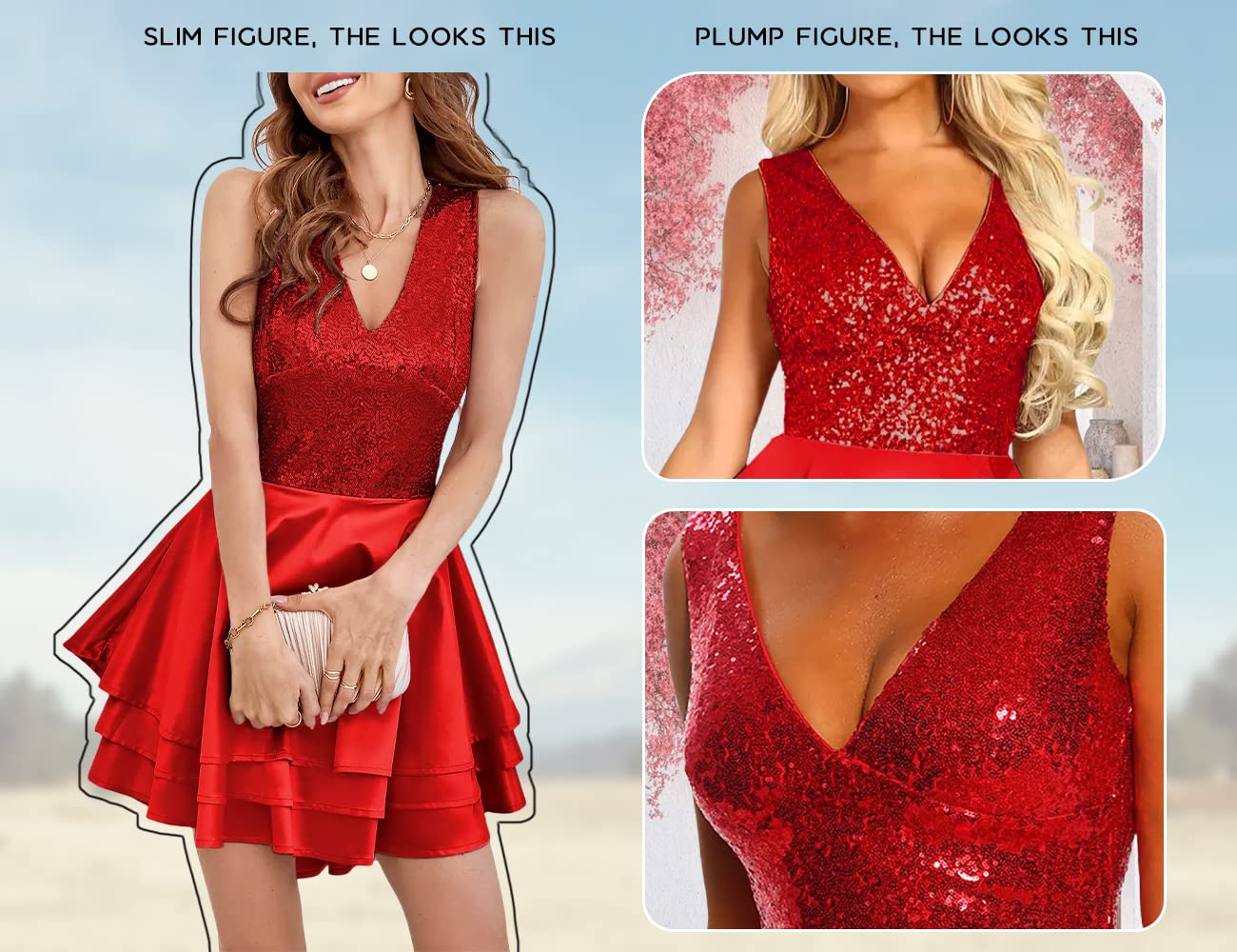 Lrady Women's Sequin Glitter V Neck Skater Mini Club Cocktail Party Swing Dress, Red, Medium