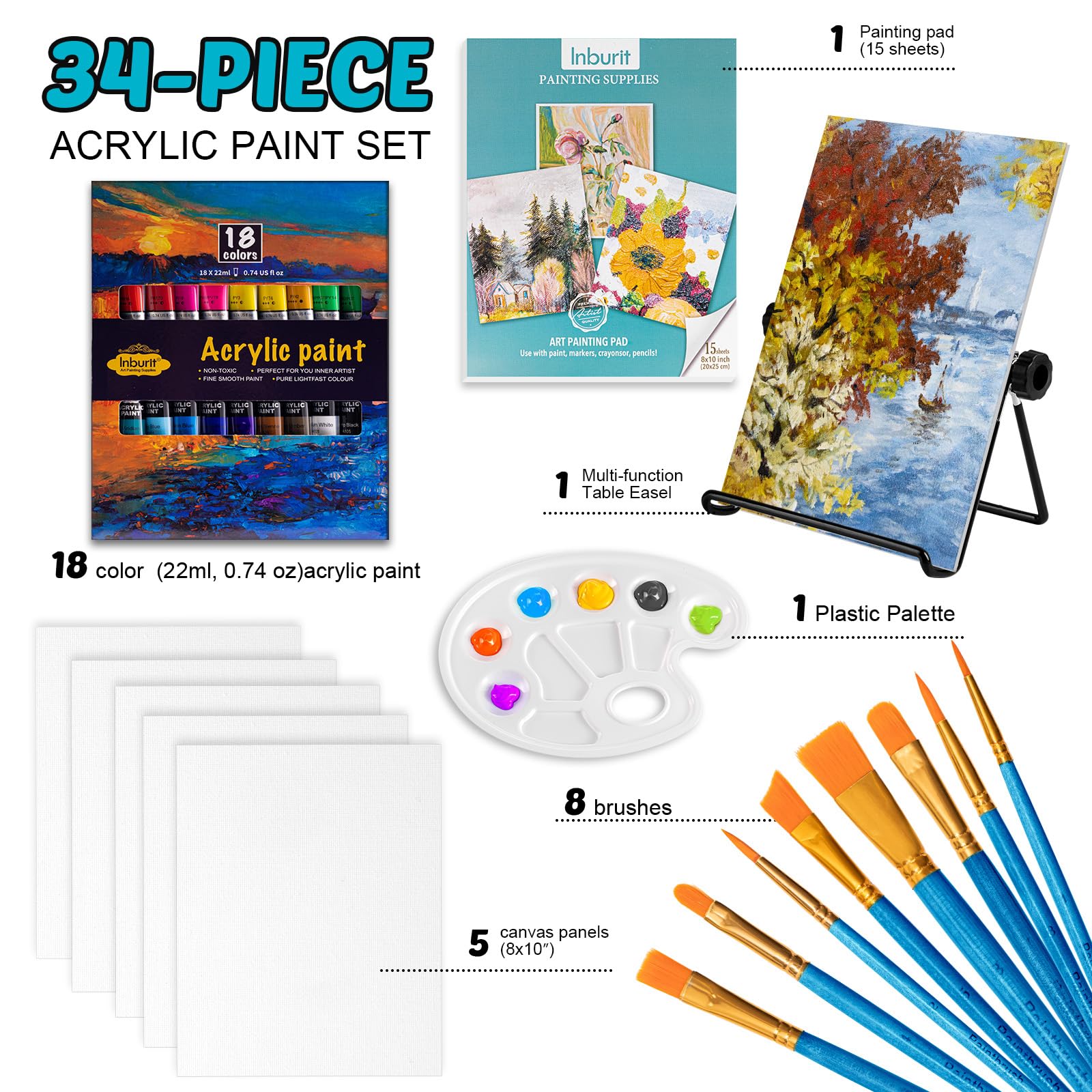 Art Paint Set for Kids, Painting Supplies Kit with 5 Canvas Panels, 8 Brushes, 12 Acrylic Paints, Multi-Function Table Easel, Etc, Premium Acrylic Paint Set for Students, Kids and Beginner.