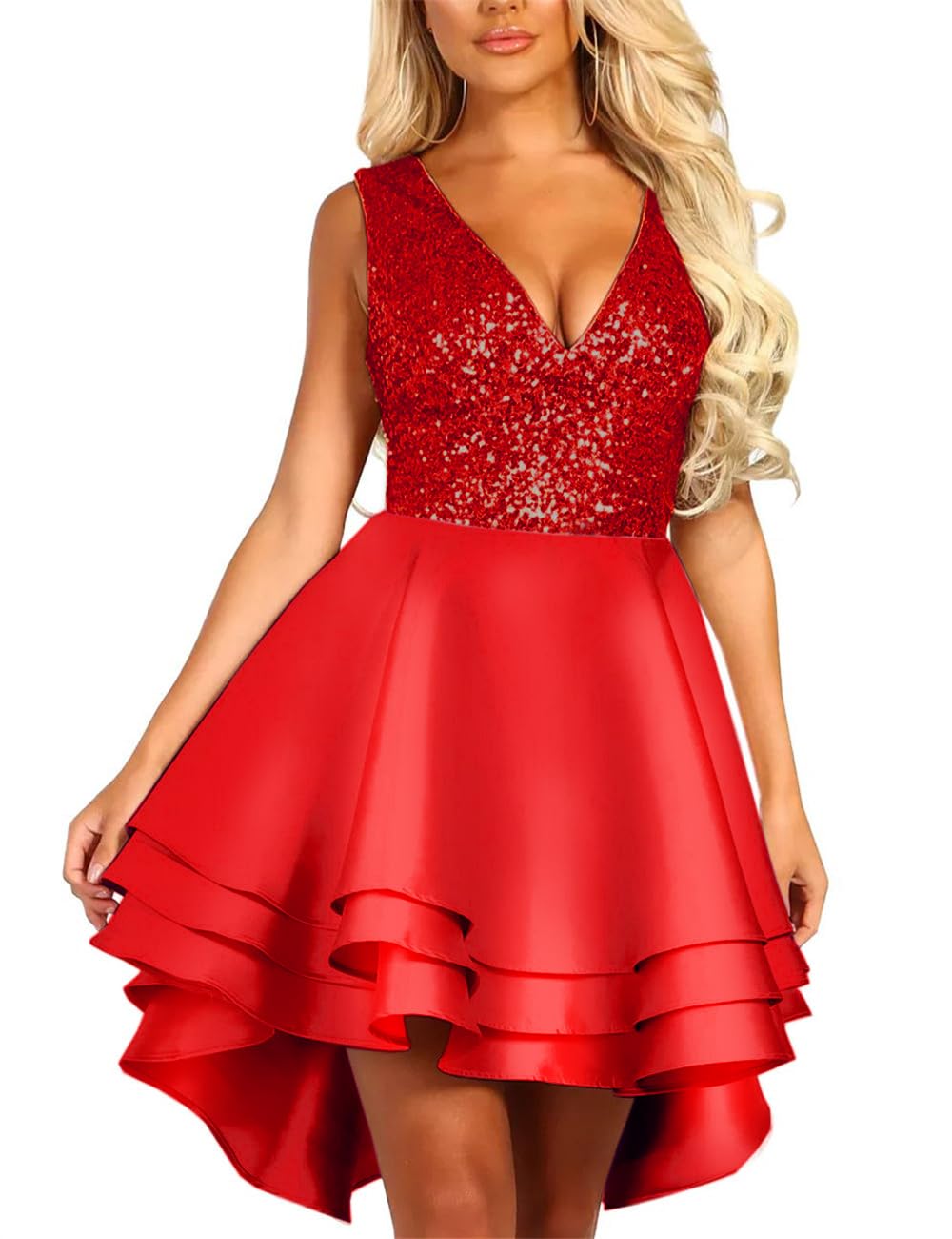 Lrady Women's Sequin Glitter V Neck Skater Mini Club Cocktail Party Swing Dress, Red, Medium