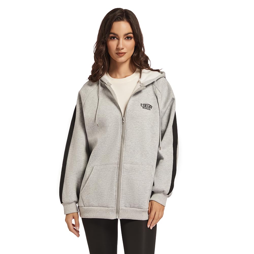Alapwu Womens Zip Up Hoodie and Sweatshirt Harajuku Y2K Jacket Oversized Loose Cute Jackets For Teen Girls Casual Streetwear Grey