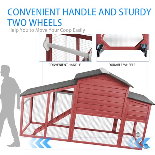 PetsCosset Chicken Coop Wooden Backyard Hen House - Indoor Outdoor for 2-3 Chickens, 2 Story Poultry Cage with Run, Chicken Nesting Box, Pull Out Trays and Anti-Slip Asphalt Ramp