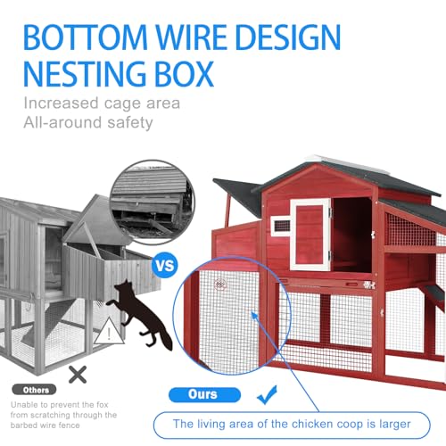 PetsCosset Chicken Coop Wooden Backyard Hen House - Indoor Outdoor for 2-3 Chickens, 2 Story Poultry Cage with Run, Chicken Nesting Box, Pull Out Trays and Anti-Slip Asphalt Ramp