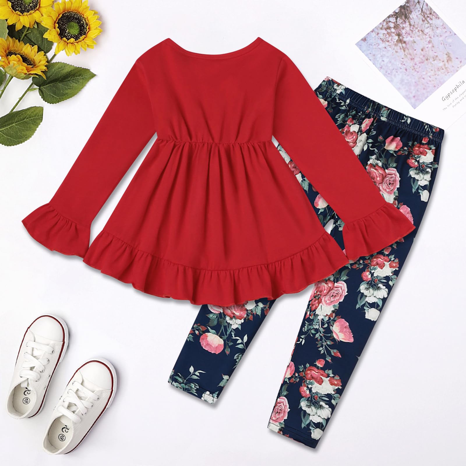 Yoxindax Toddler Kid Girl Clothes Bell sleeves Ruffle High Low Bowknot Solid Top Floral Print Leggings Fall Winter Outfit Set(5-6t)