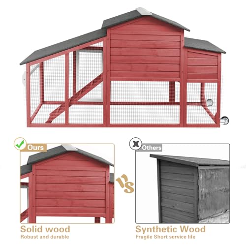 PetsCosset Chicken Coop Wooden Backyard Hen House - Indoor Outdoor for 2-3 Chickens, 2 Story Poultry Cage with Run, Chicken Nesting Box, Pull Out Trays and Anti-Slip Asphalt Ramp