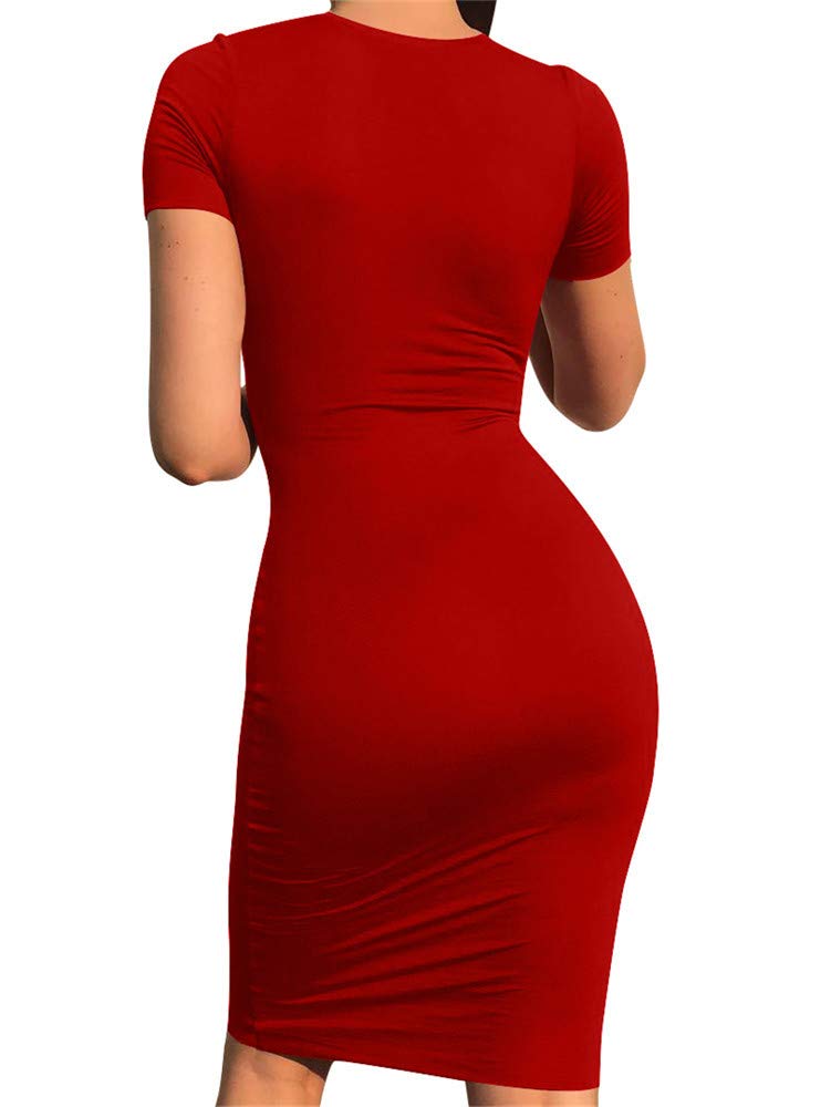 GOBLES Women's Short Sleeve Casual Bodycon Midi Elegant Cocktail Party Dress Red