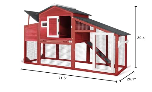PetsCosset Chicken Coop Wooden Backyard Hen House - Indoor Outdoor for 2-3 Chickens, 2 Story Poultry Cage with Run, Chicken Nesting Box, Pull Out Trays and Anti-Slip Asphalt Ramp
