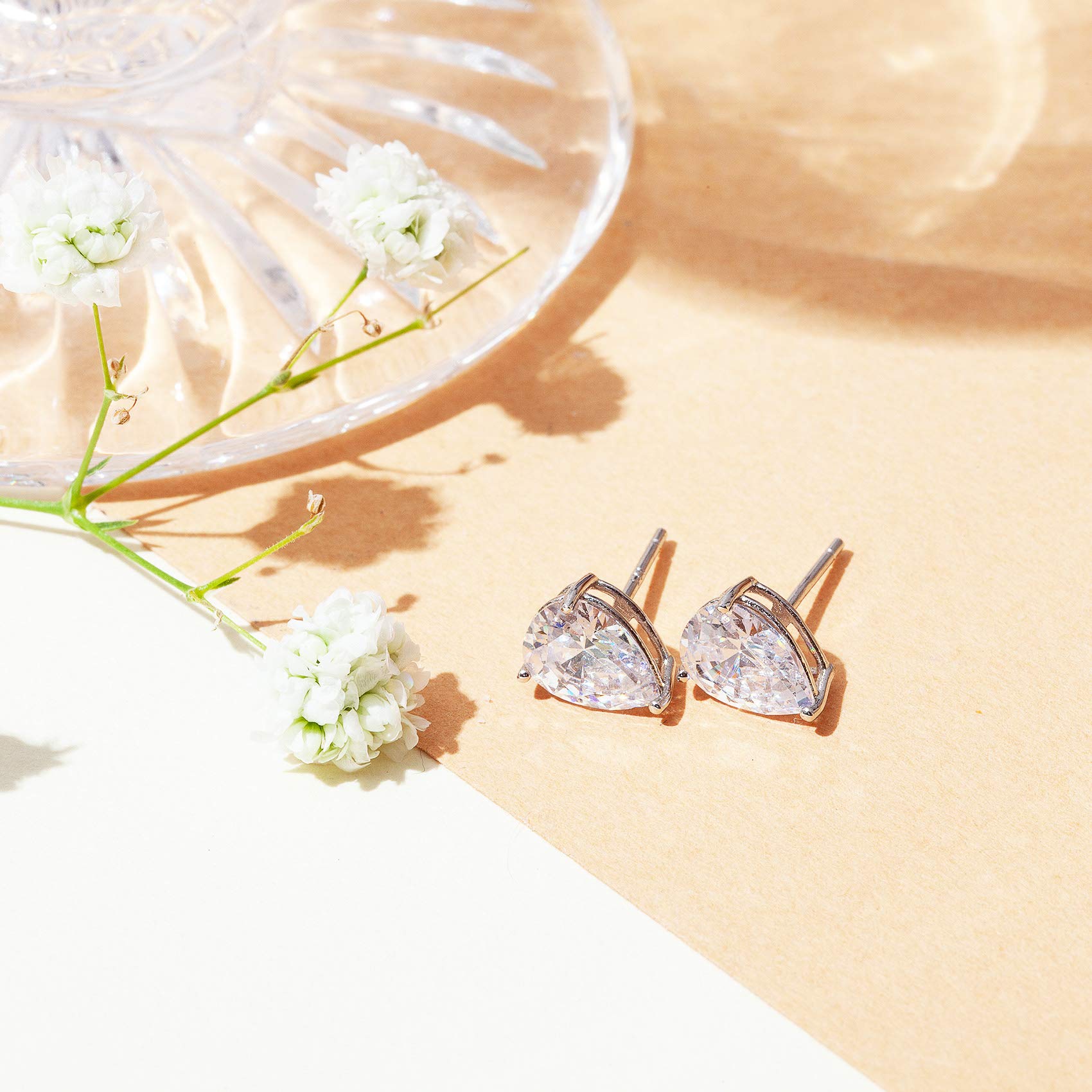 PAVOI 14K White Gold Plated Sterling Silver Cubic Zirconia Stud Earrings for Women Pear 4x6mm