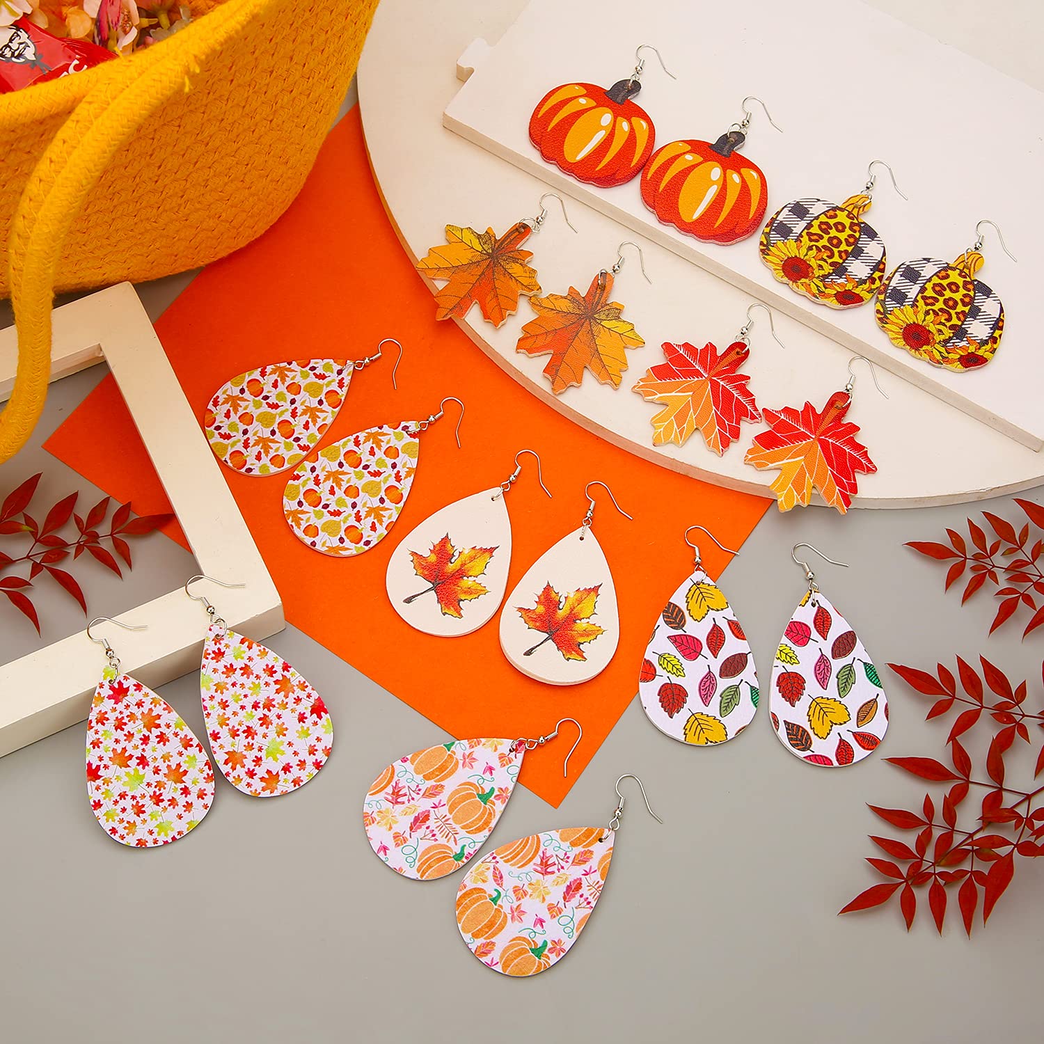 16 Pairs Fall Faux Leather Teardrop Earrings Plaid Pumpkin Sunflower Maple Leaves Autumn Jewelry Thanksgiving Accessory for Women