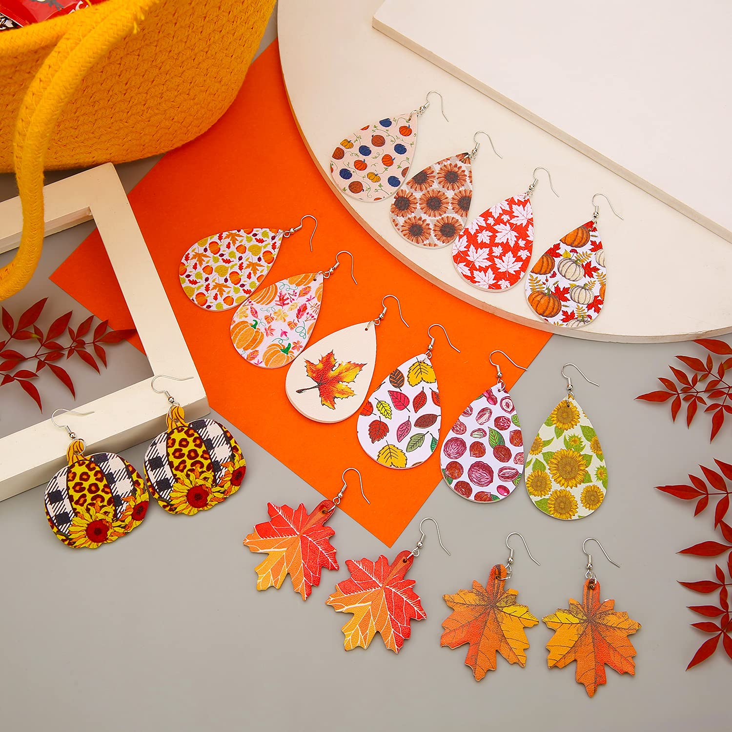 16 Pairs Fall Faux Leather Teardrop Earrings Plaid Pumpkin Sunflower Maple Leaves Autumn Jewelry Thanksgiving Accessory for Women