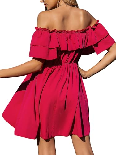 WDIRARA Women's Off Shoulder Frill Trim Short Sleeve Tie Front Flare Dress Red L